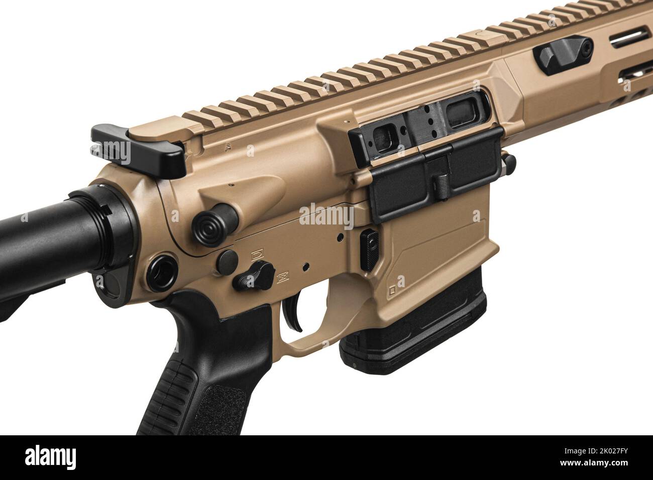 Part of the weapon close-up. Modern automatic rifle in coyote color ...