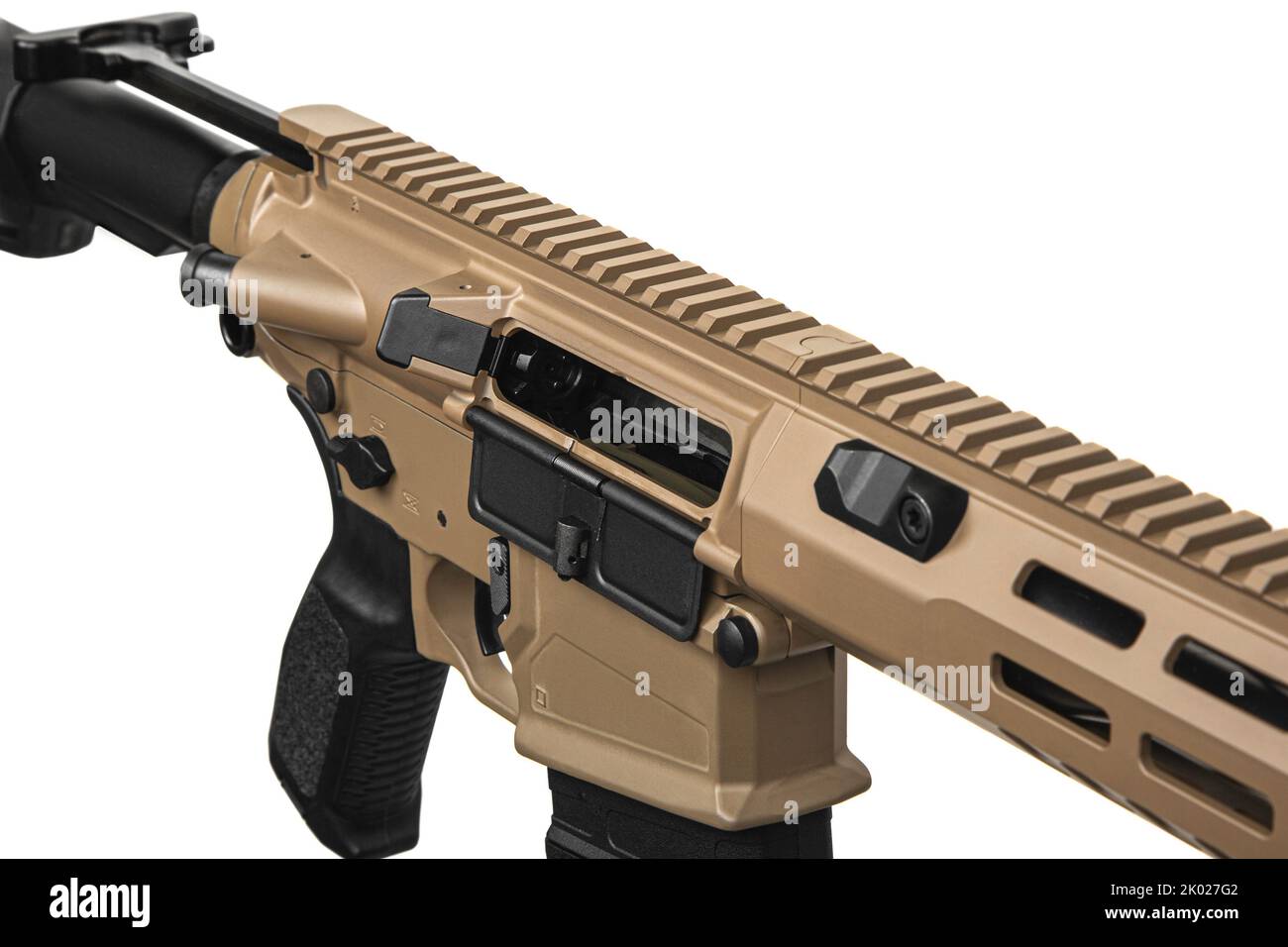 Part of the weapon close-up. Modern automatic rifle in coyote color ...