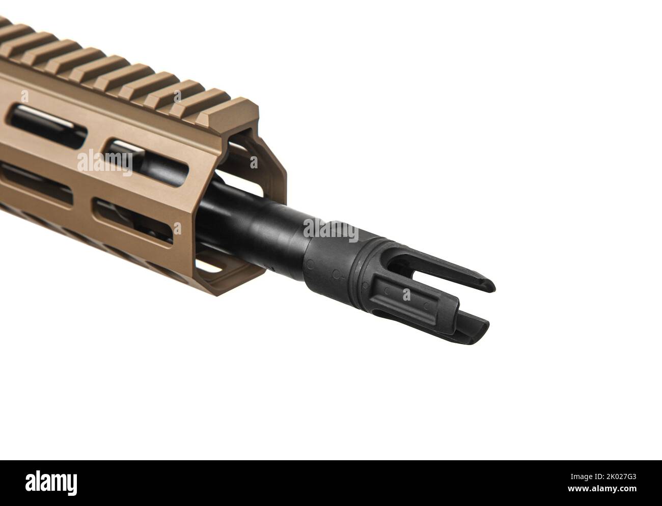 Part of the weapon close-up. Modern automatic rifle in coyote color ...