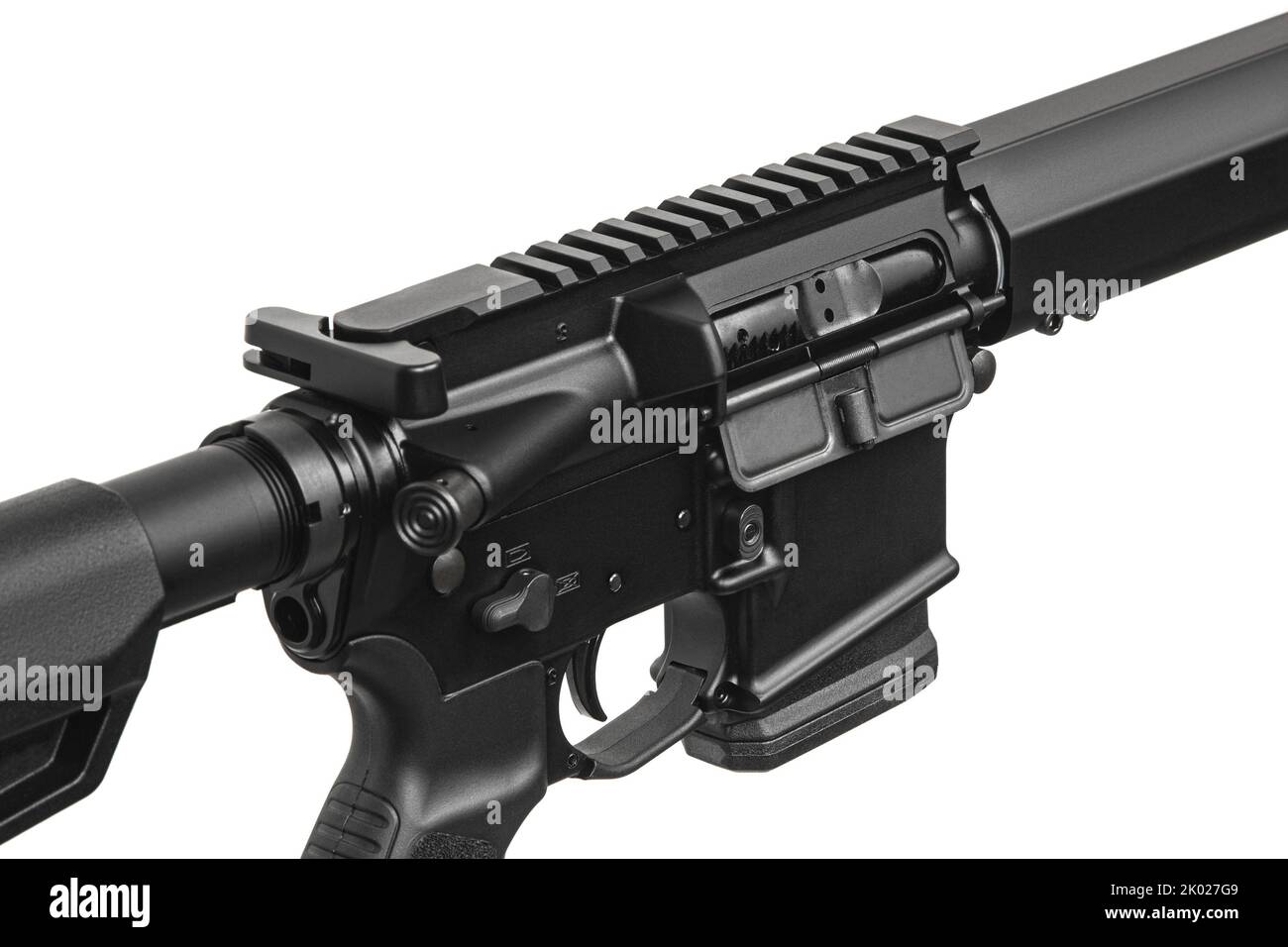 Part of the weapon close-up. Modern automatic rifle isolated on white ...