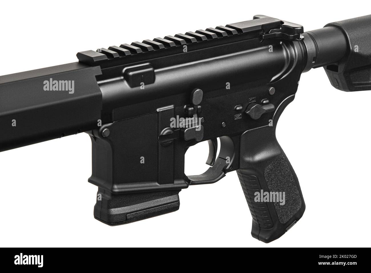 Part of the weapon close-up. Modern automatic rifle isolated on white ...