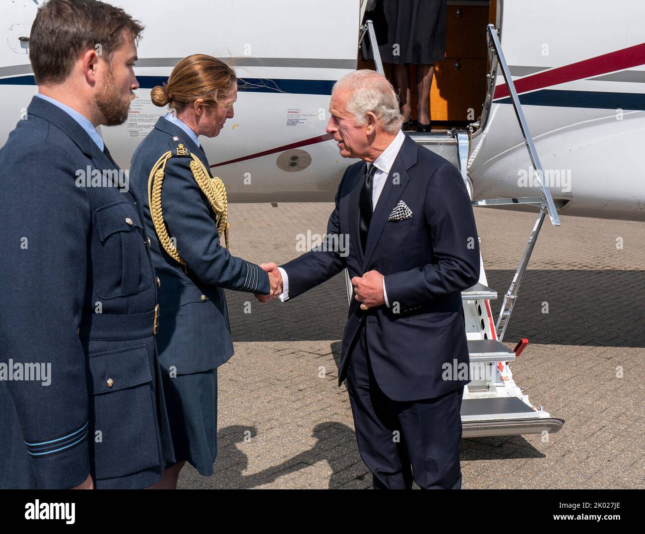 King Charles III and the Queen arriving at RAF Northolt in London are ...