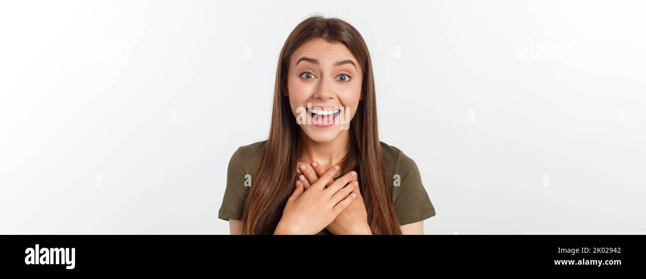 Portrait joyful outgoing woman likes laugh out loud not hiding emotions ...