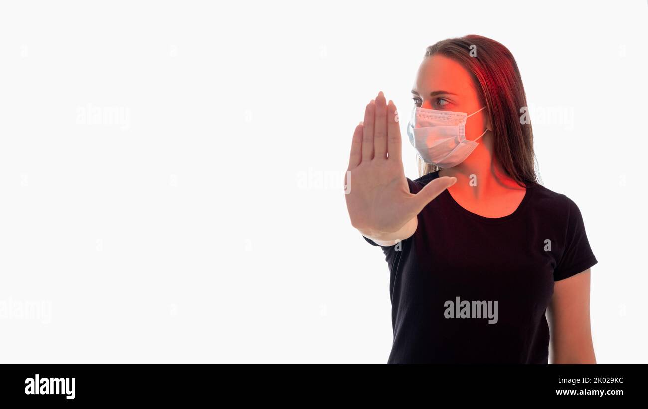 stop gesture social distancing woman mask Stock Photo - Alamy
