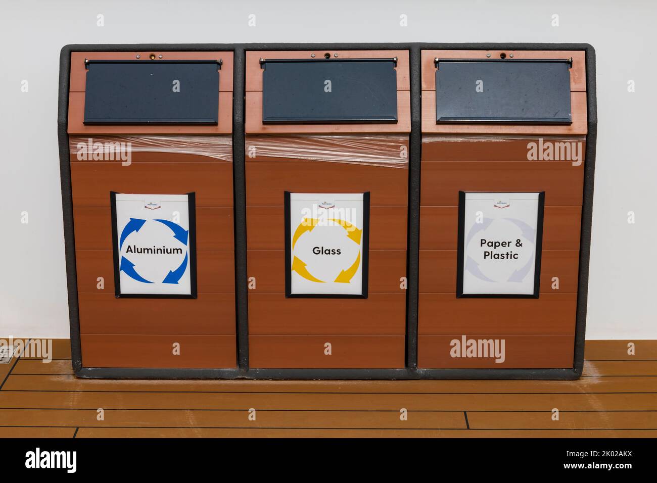 Waste re-cycling bins on deck. P&O cruise ship, MS Iona, docked in ...