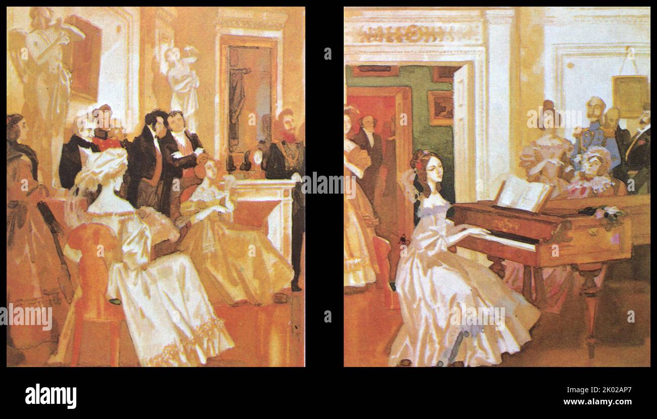 Russian 19th century parlour scene showing piano and audience Stock ...