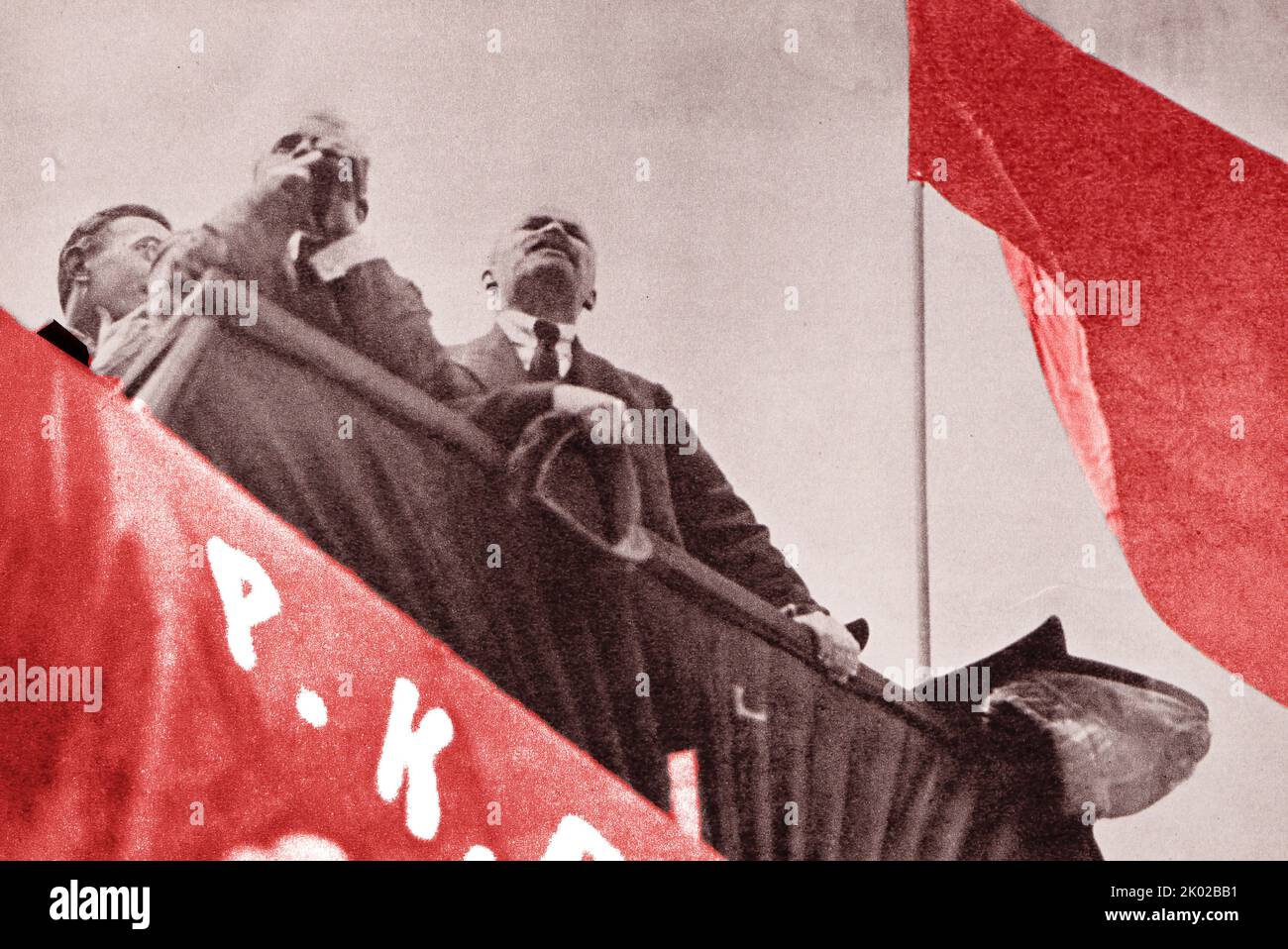 Vladimir Lenin delivers a speech from the rostrum on Red Square on the ...