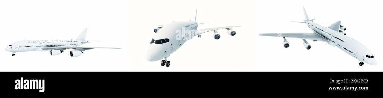 Conceptual set of three flying white passenger jetliner or commercial ...