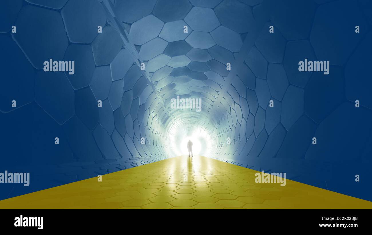 Concept or conceptual blue and yellow tunnel, the Ukrainian flag colors ...