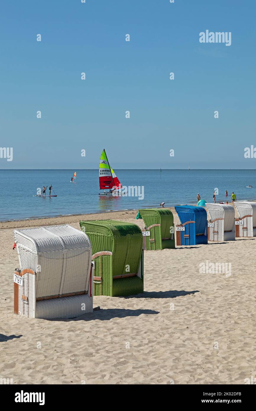 sailing boat, beach, beach chairs, Wyk, Föhr Island, North Friesland ...