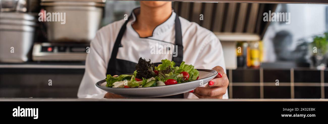 cropped view of african american chef holding plate with freshly cooked ...
