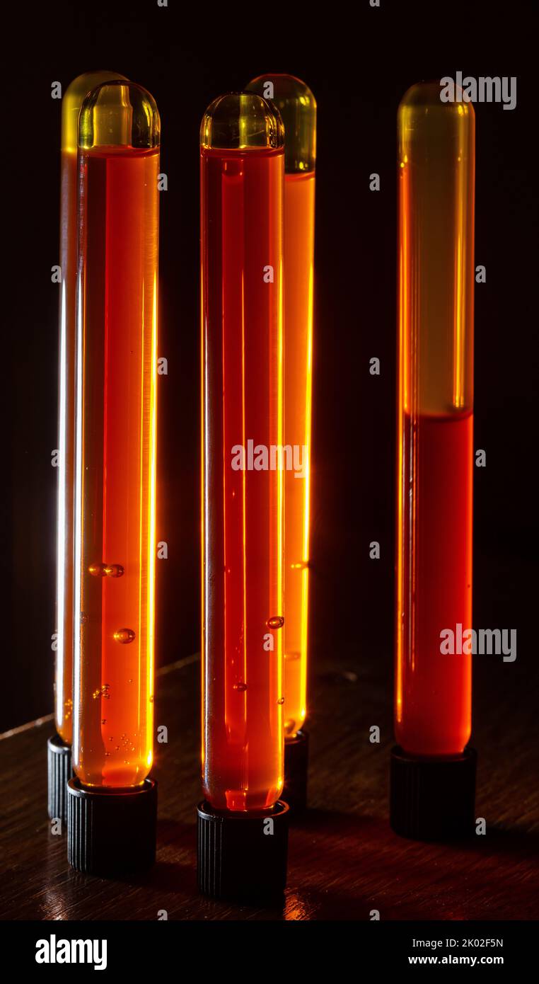 Yellow viscous liquid sunflower lecithin with bubbles in a transparent ...