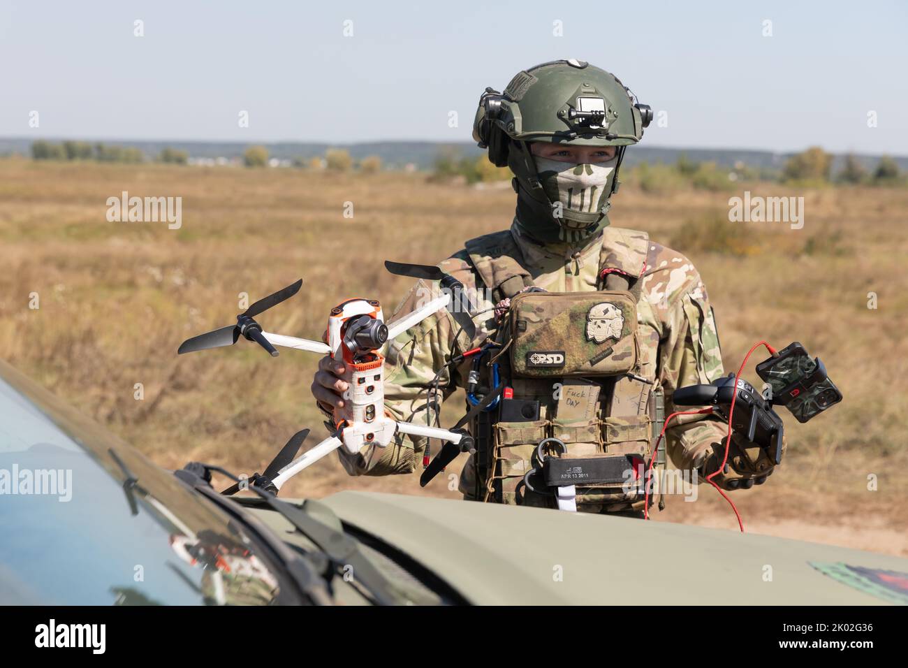 KYIV REG., UKRAINE - Sep. 08, 2022: A drone operator from field medicine division Hospitallers ...