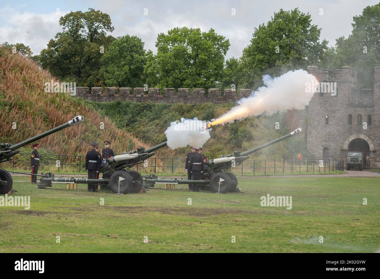 Soldiers fire a 96 gun salute at Cardiff Castle as a mark of respect ...