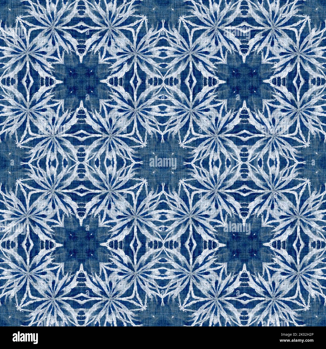 Indigo blue snow flake damask pattern background. Frosty painterly ...