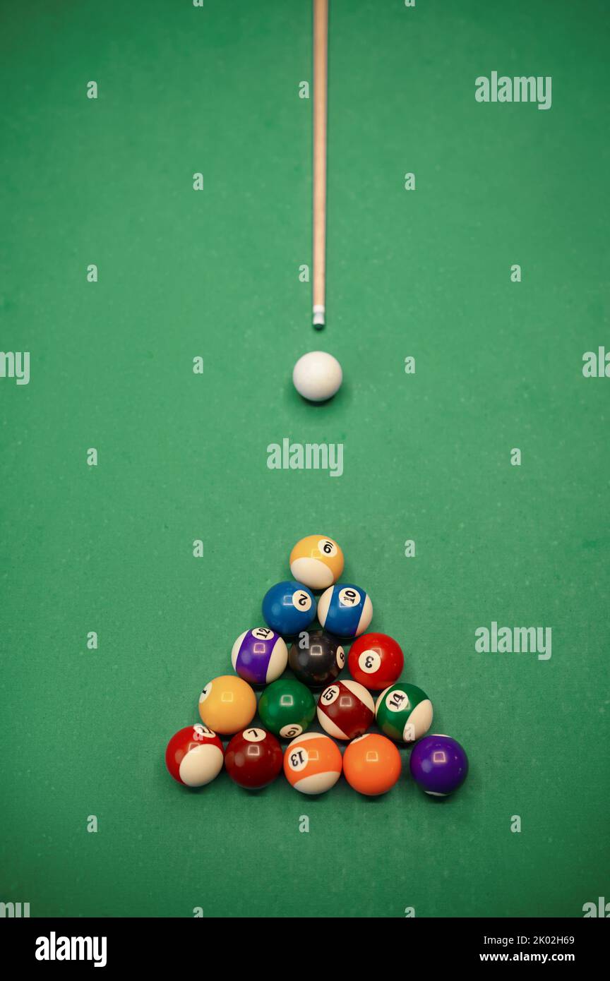 Top view on billiard ball and cue Stock Photo - Alamy