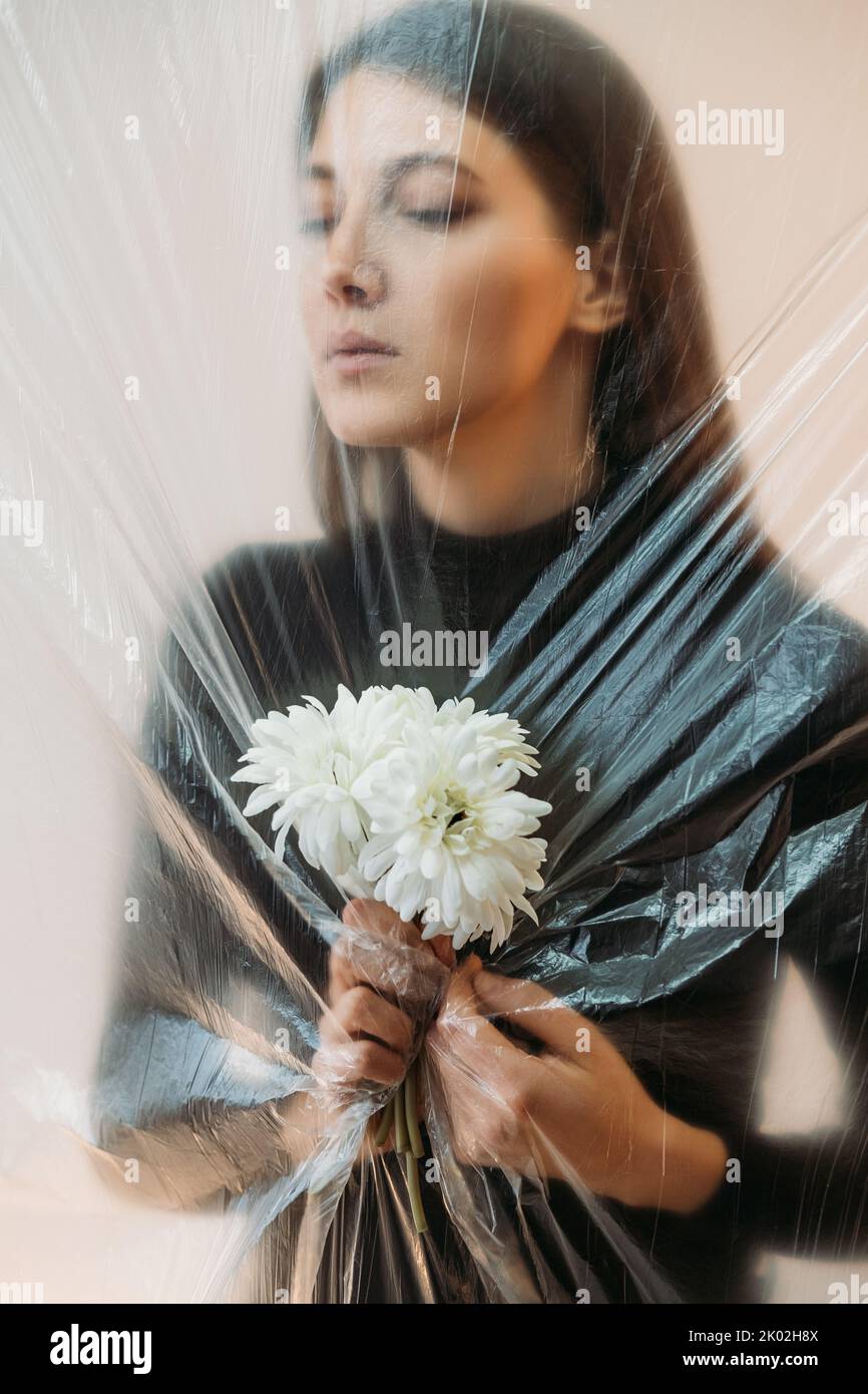 hopeless woman defocused portrait allergy disease Stock Photo - Alamy