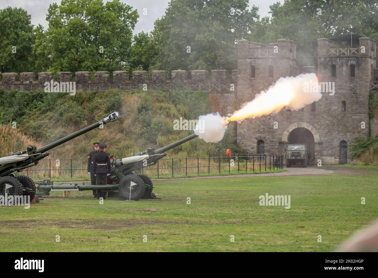 Soldiers fire a 96 gun salute at Cardiff Castle as a mark of respect ...
