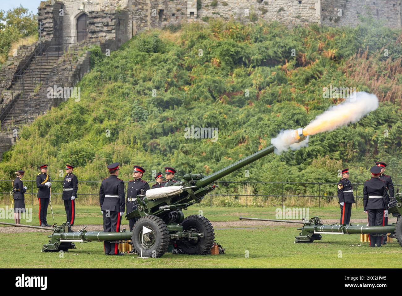 Soldiers fire a 96 gun salute at Cardiff Castle as a mark of respect ...