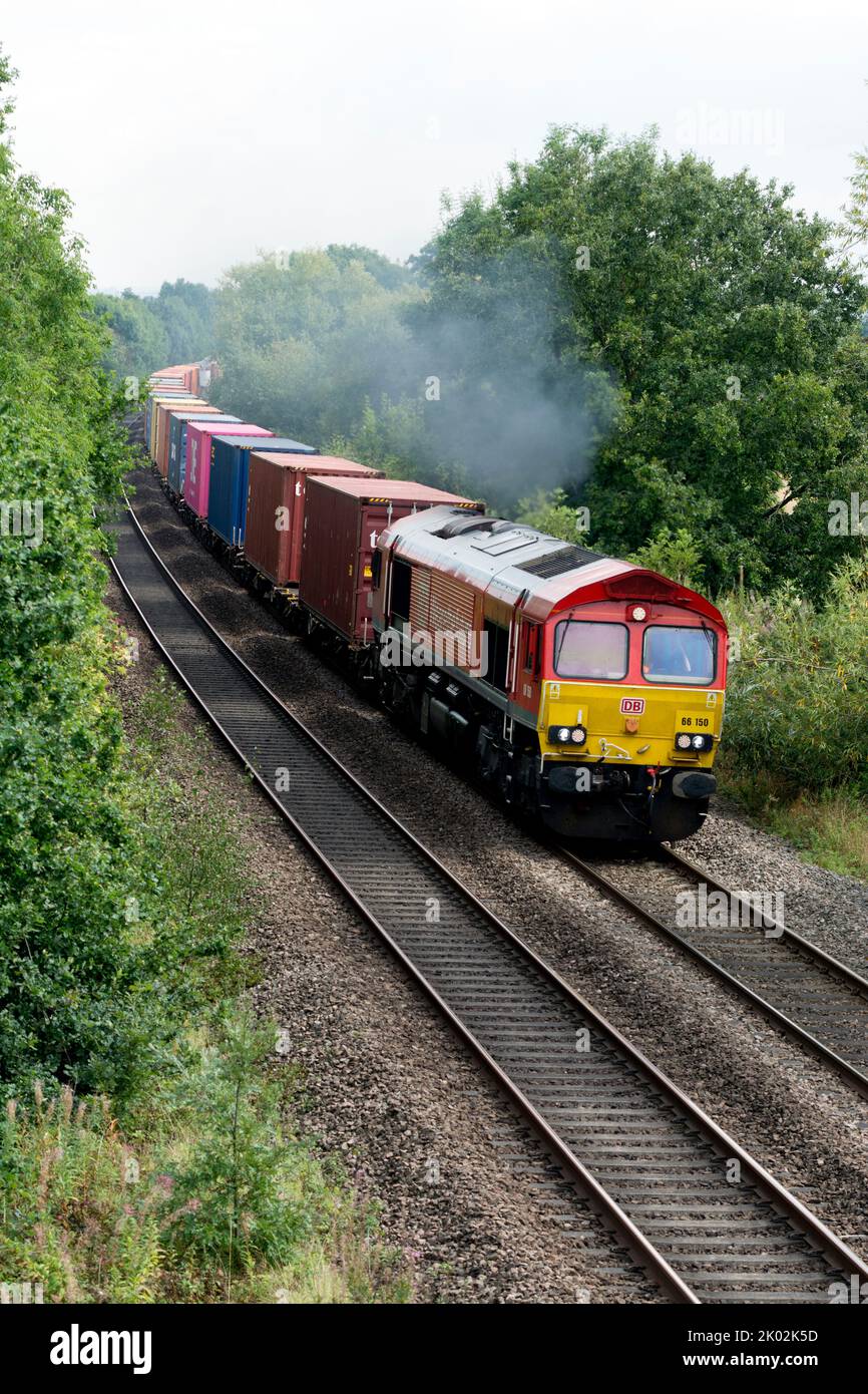 DB Class 66 diesel locomotive No. 66150 pulling a freightliner train ...