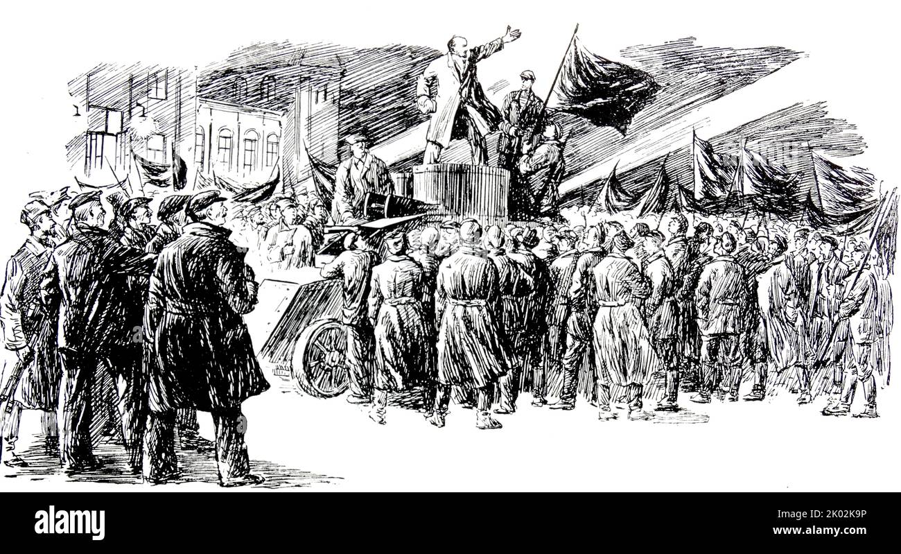 Illustration of Vladimir Lenin addressing a crowd during the Russian ...