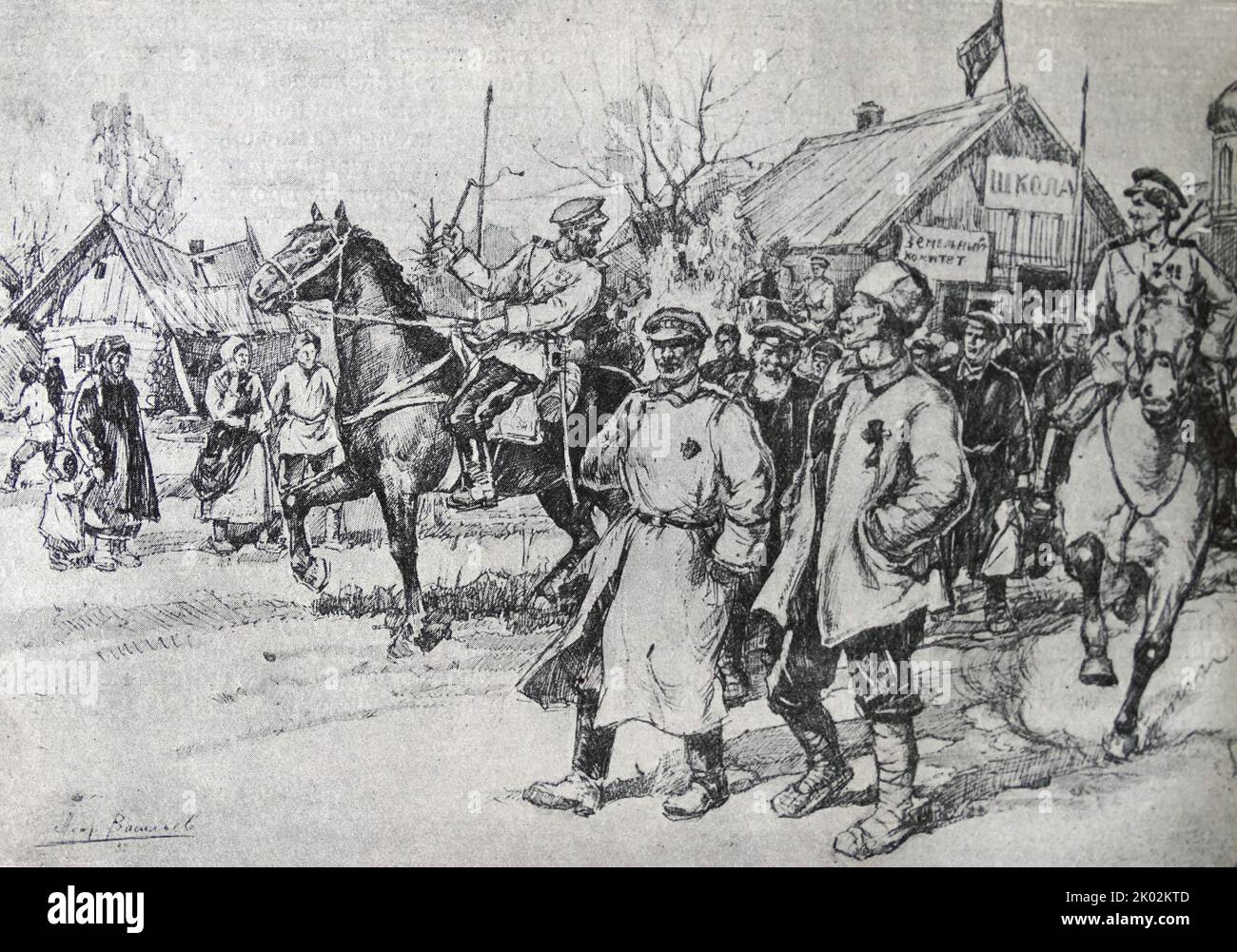Tsarist soldiers arrest peasants demonstrating during the first month ...