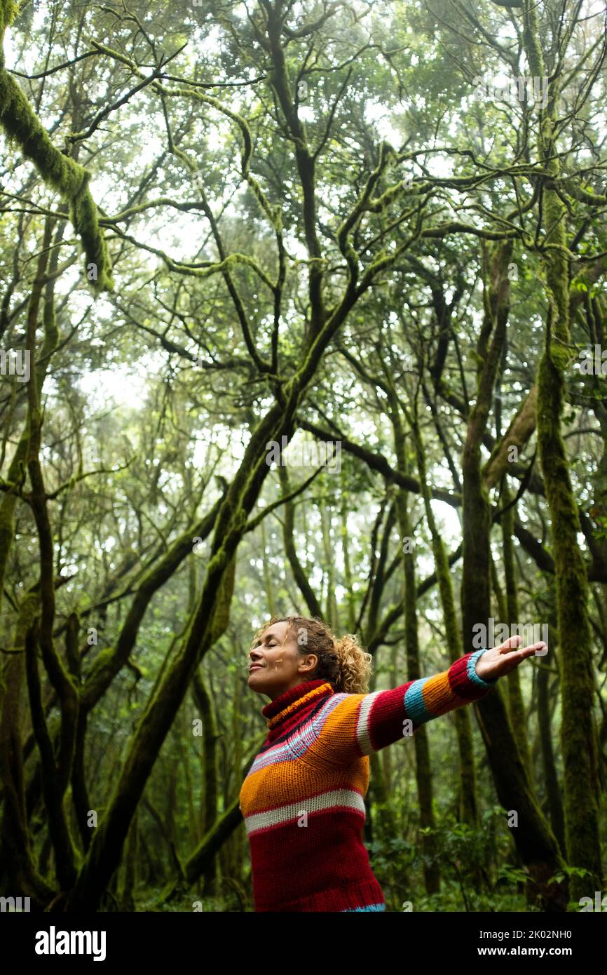 Concept of freedom and protection of forest in earth's day. Standing ...