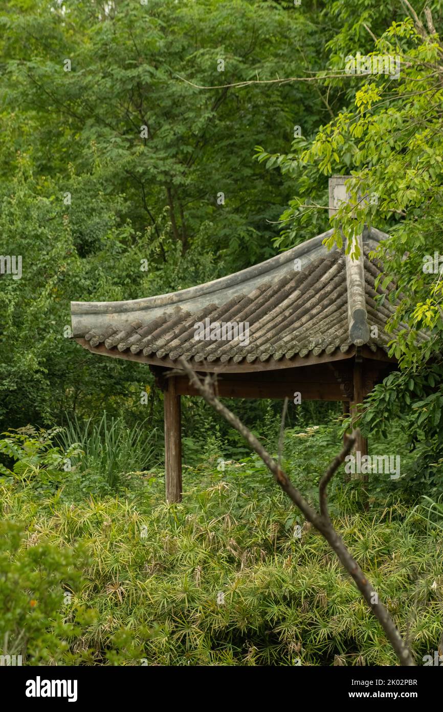 A vertical shot of an old Asian-style pavilion in Qinglonghu park with ...