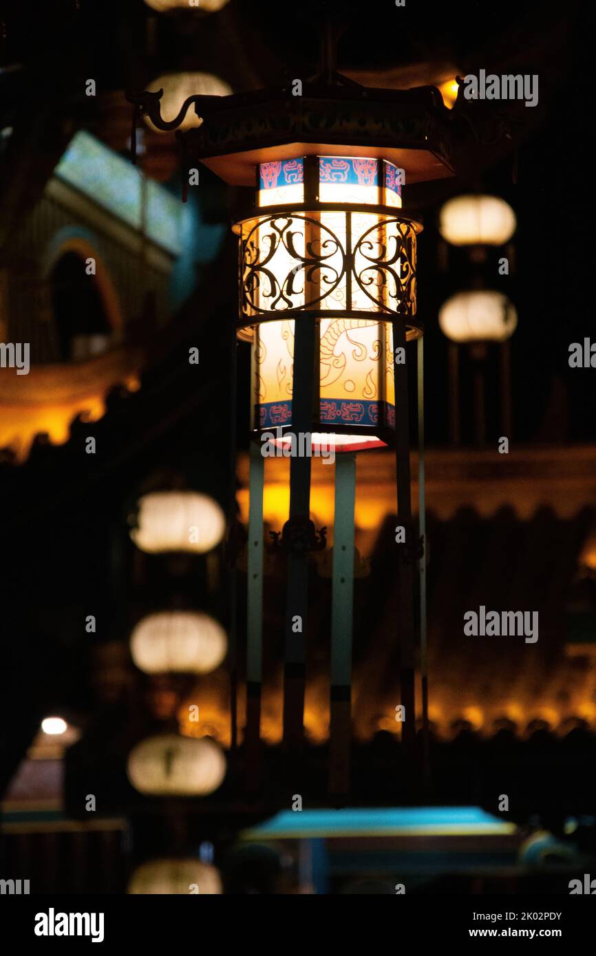 A vertical shot of the illuminated details of the Impression Water ...