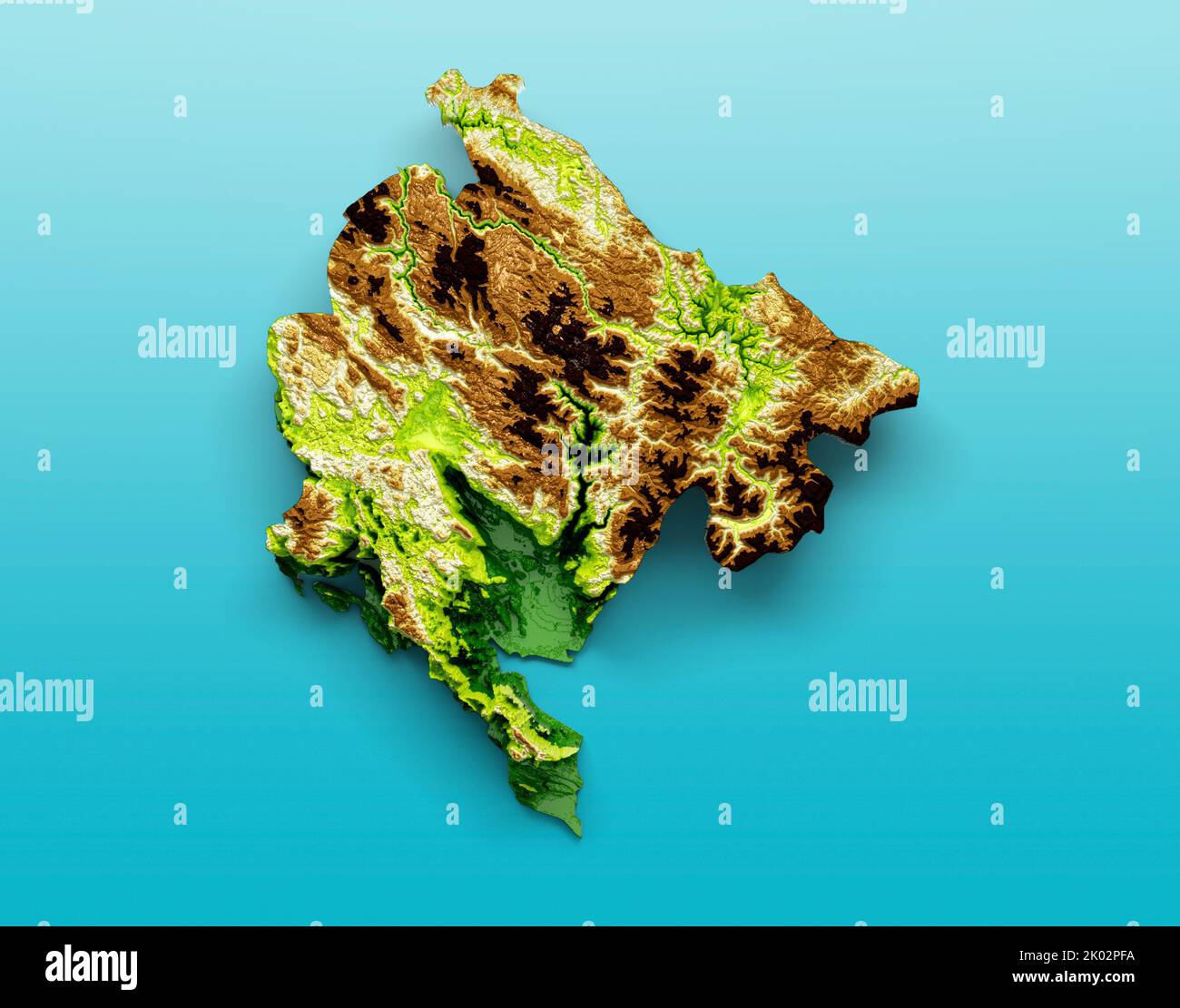 A 3D rendering of the Montenegro map with shaded relief isolated on ...
