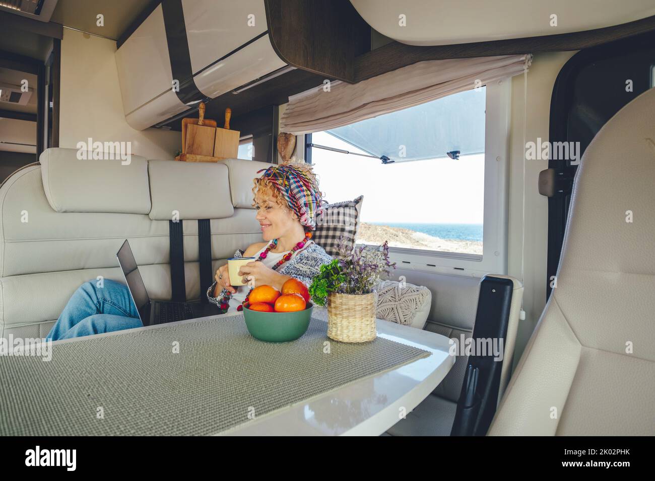 One woman using laptop inside a modern camper van. Van life and digital ...