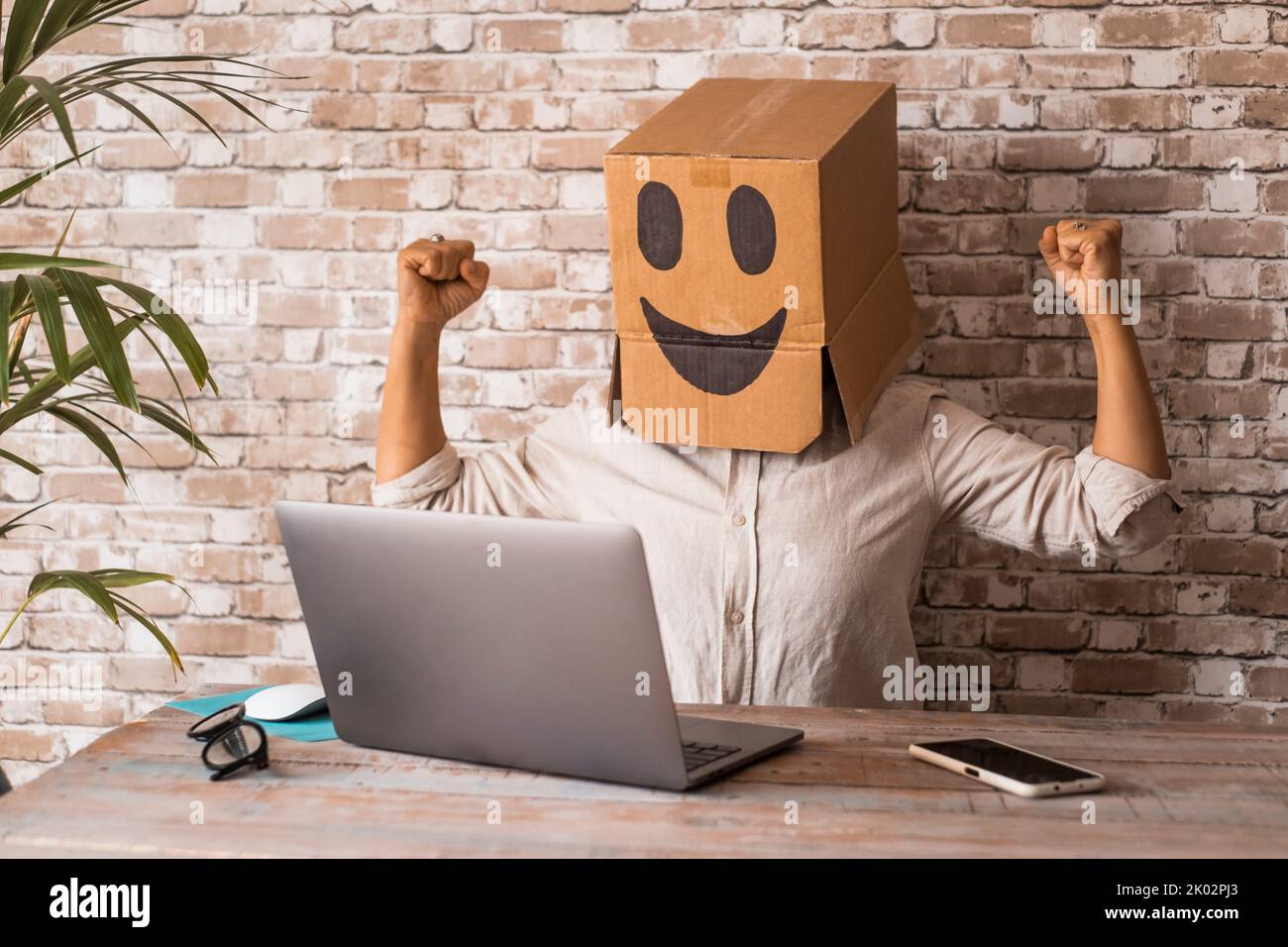 Business and success working with laptop. People with carton box smile ...