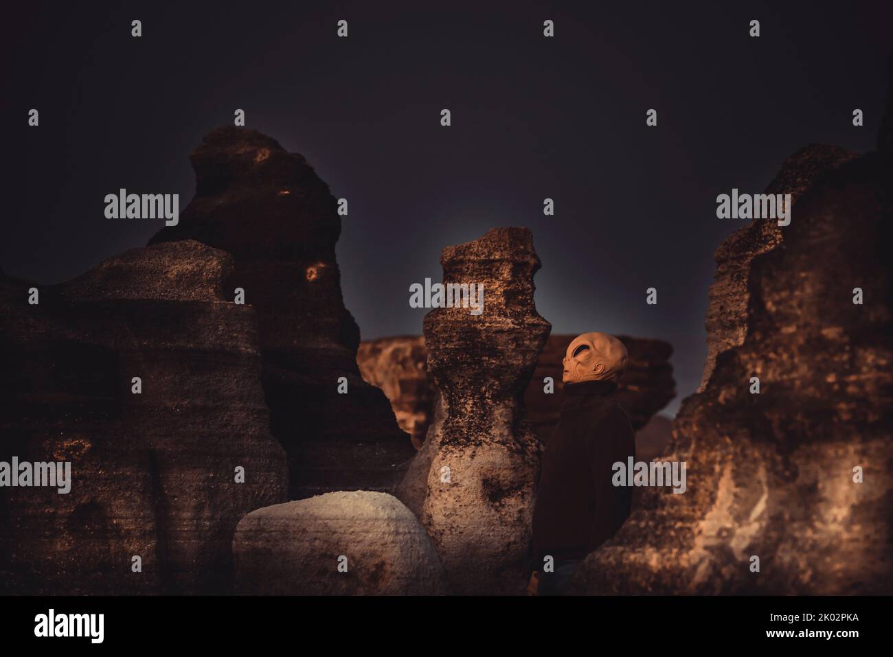 Hidden alien portrait in extraterrestrial nature outdoor. Concept of ...