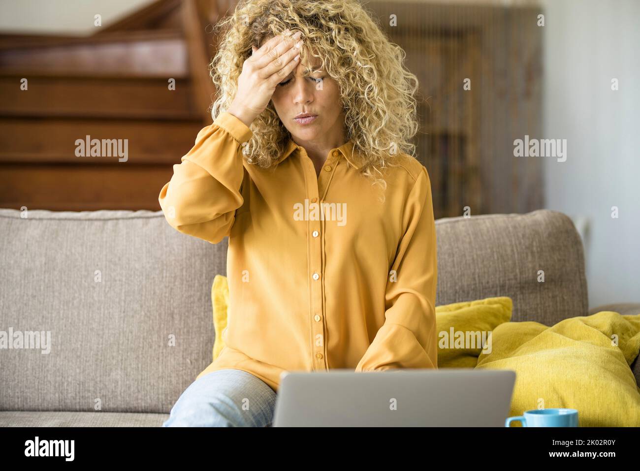 Overwork and stress bad health condition. Adult woman touching her head ...