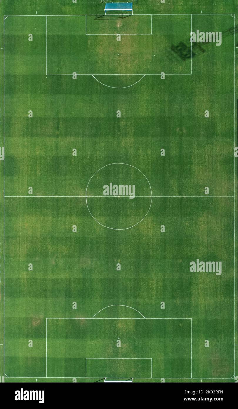 ORTHOGONAL VIEW OF A NATURAL GRASS SOCCER PITCH, AERIAL VIEW Stock ...