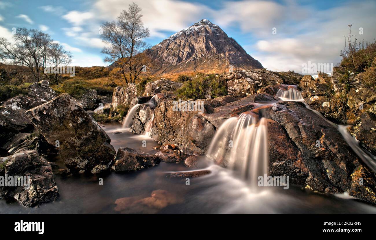 Buachaille Etive Mor with River Coupall waterfalls Stock Photo - Alamy