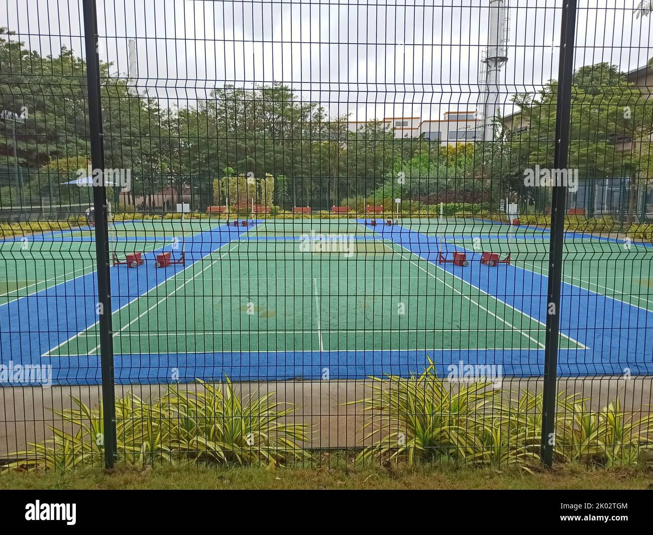 A picture of a badminton court with green tress in the Background ...