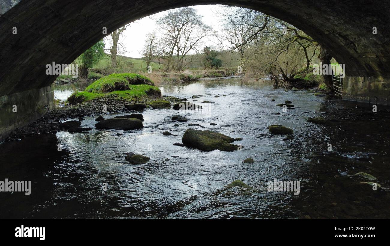 A scenic view of a river flowing under an arcade bridge in a green park ...