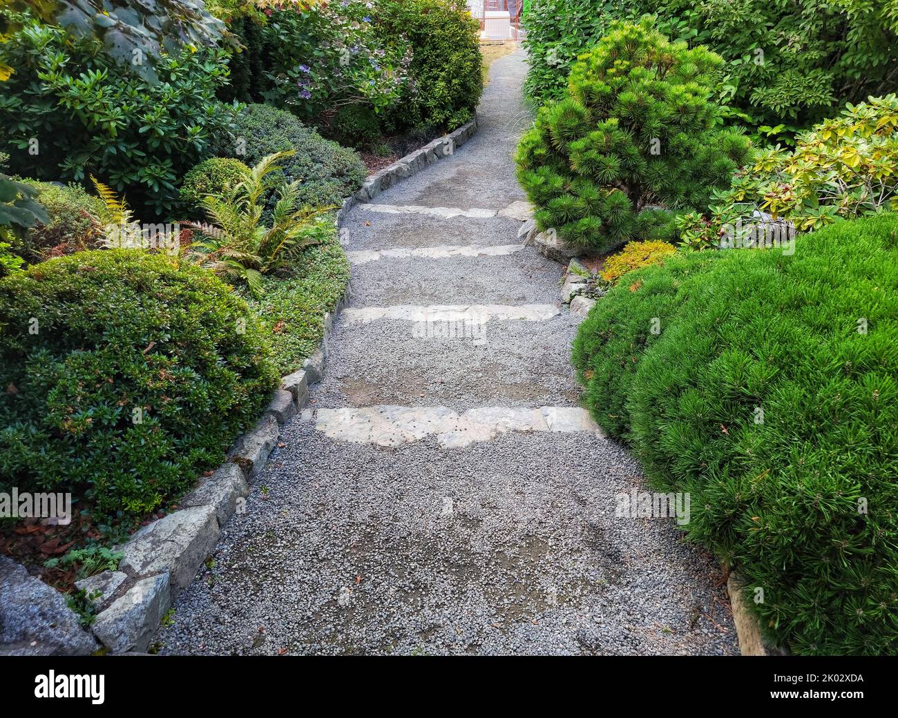A pathway in the garden surrounded by trees and colorful flowers Stock ...