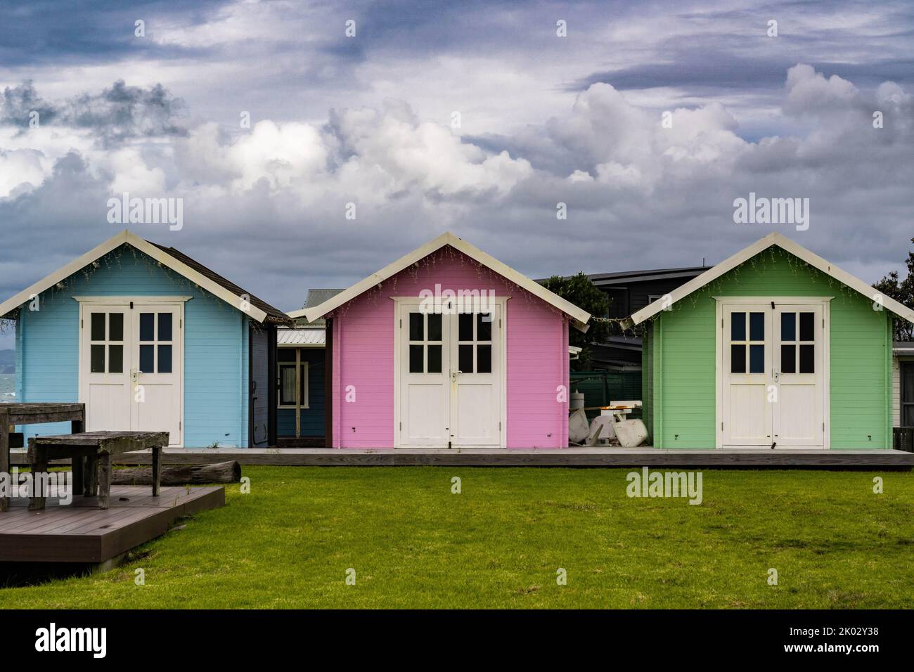 The colorful beach huts in Pukehina, North Island, New Zealand Stock ...