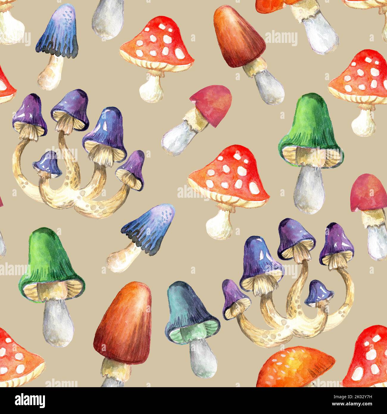 Watercolor seamless pattern with mushrooms and toadstool. Watercolor ...
