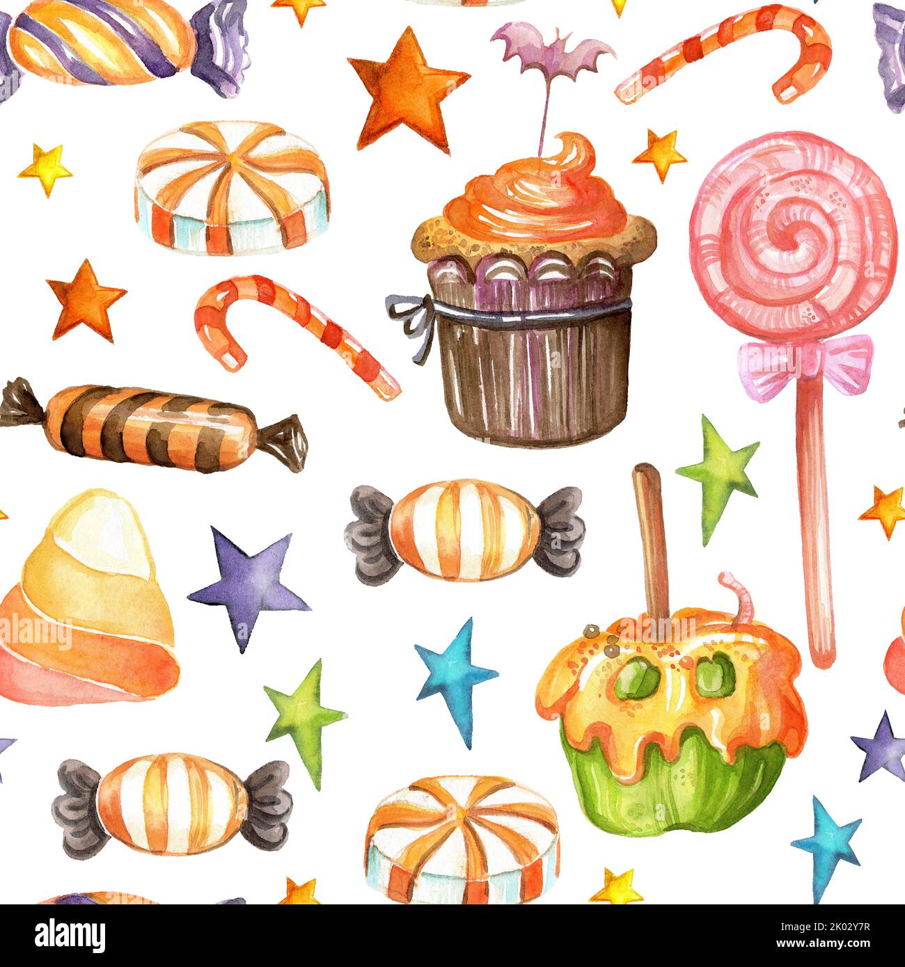 Watercolor seamless pattern with halloween sweets and candies ...
