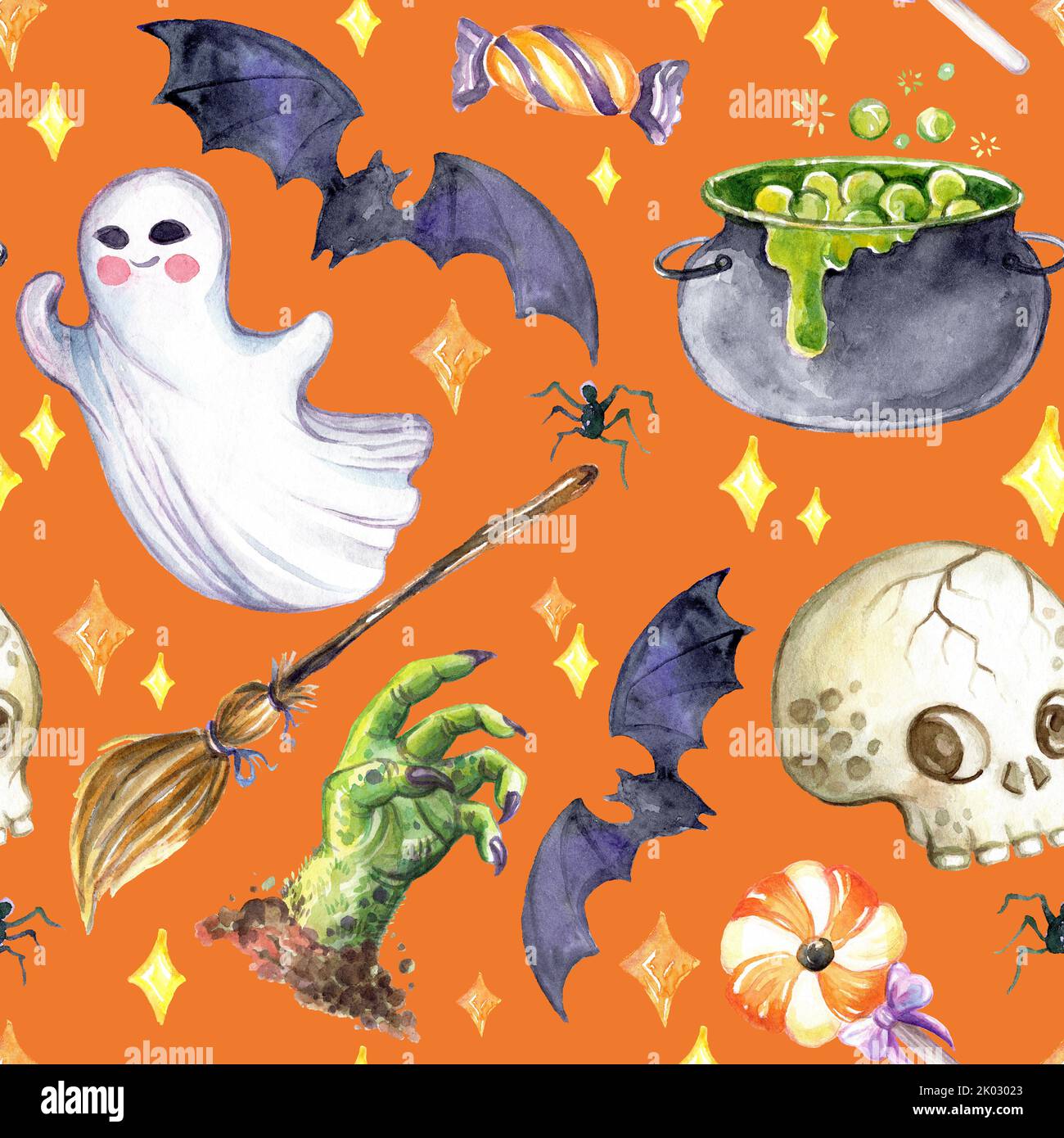 Halloween seamless pattern design with ghost, broom, skull, and bats ...