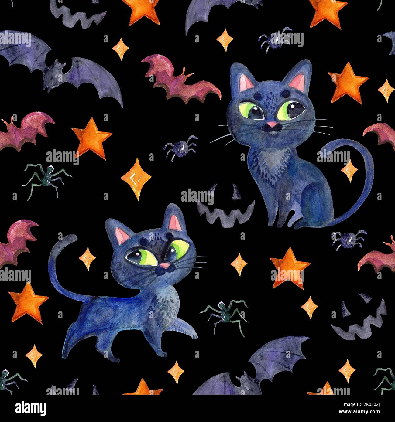 Halloween seamless pattern design with black witch cats, spiders and ...