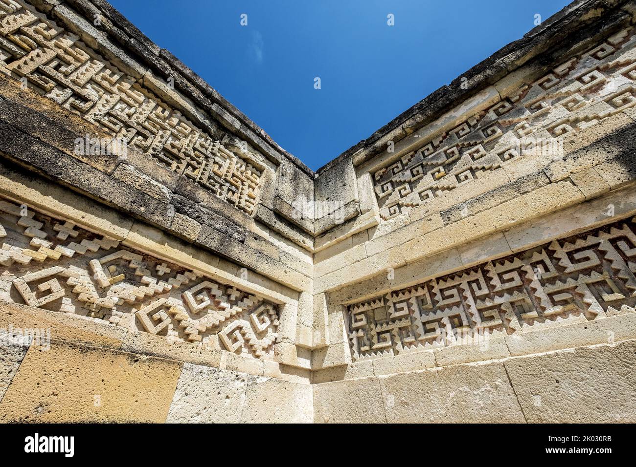 A low-angle shot of the archaeological site of Mitla in the state of ...
