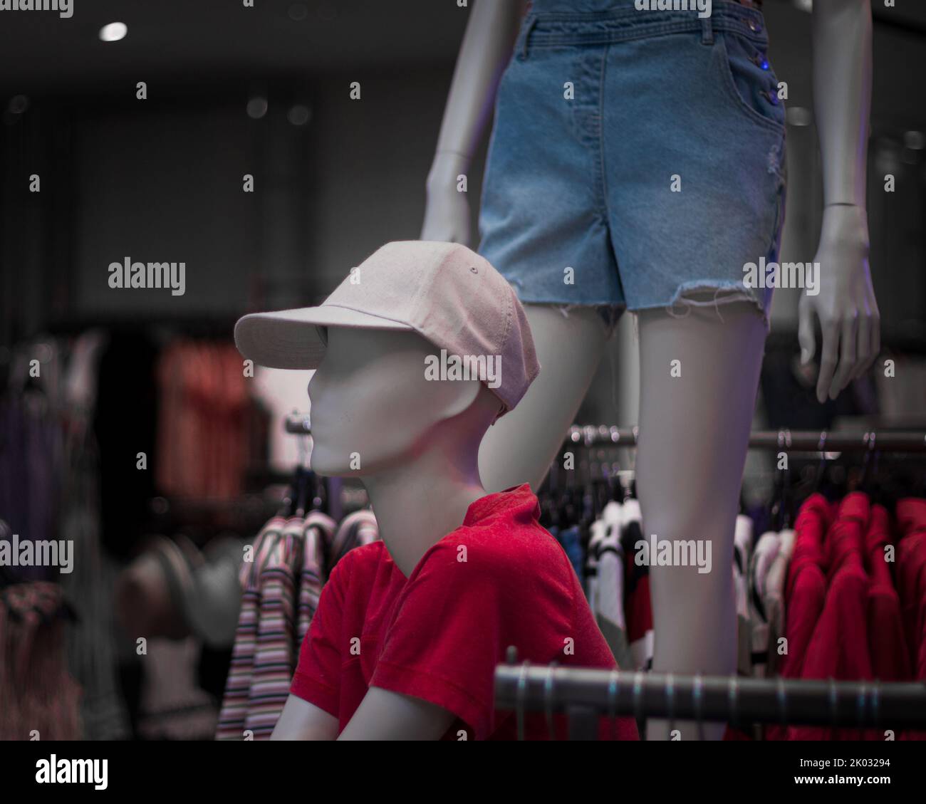 A closeup shot of a mannequins in a clothing boutique with a blur ...