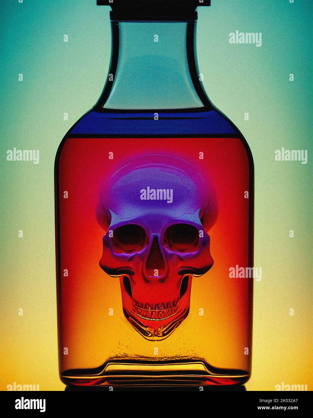 A bottle of red liquid with a skull floating in it Stock Photo - Alamy