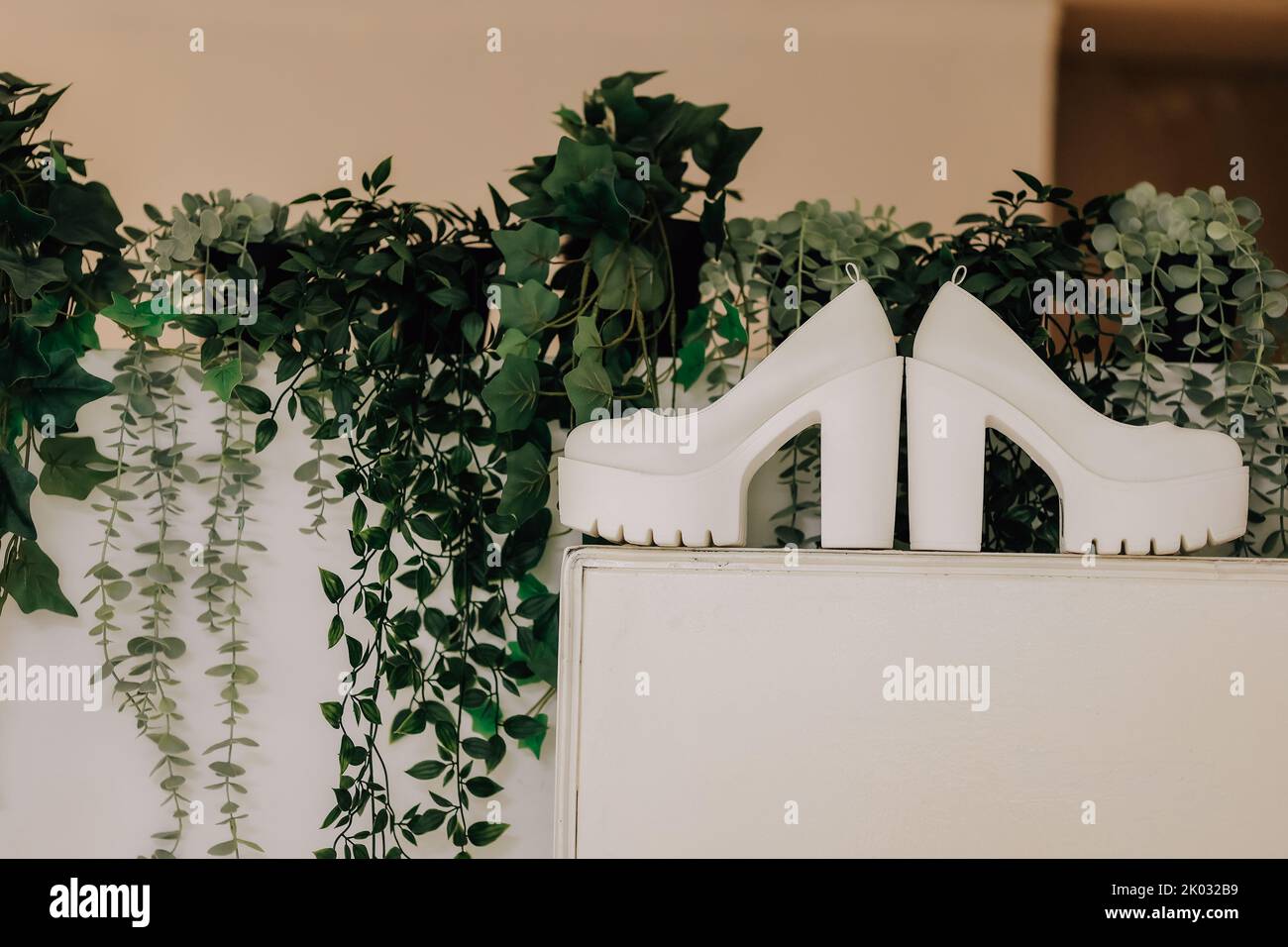 A white high heels sandal near a plant Stock Photo - Alamy