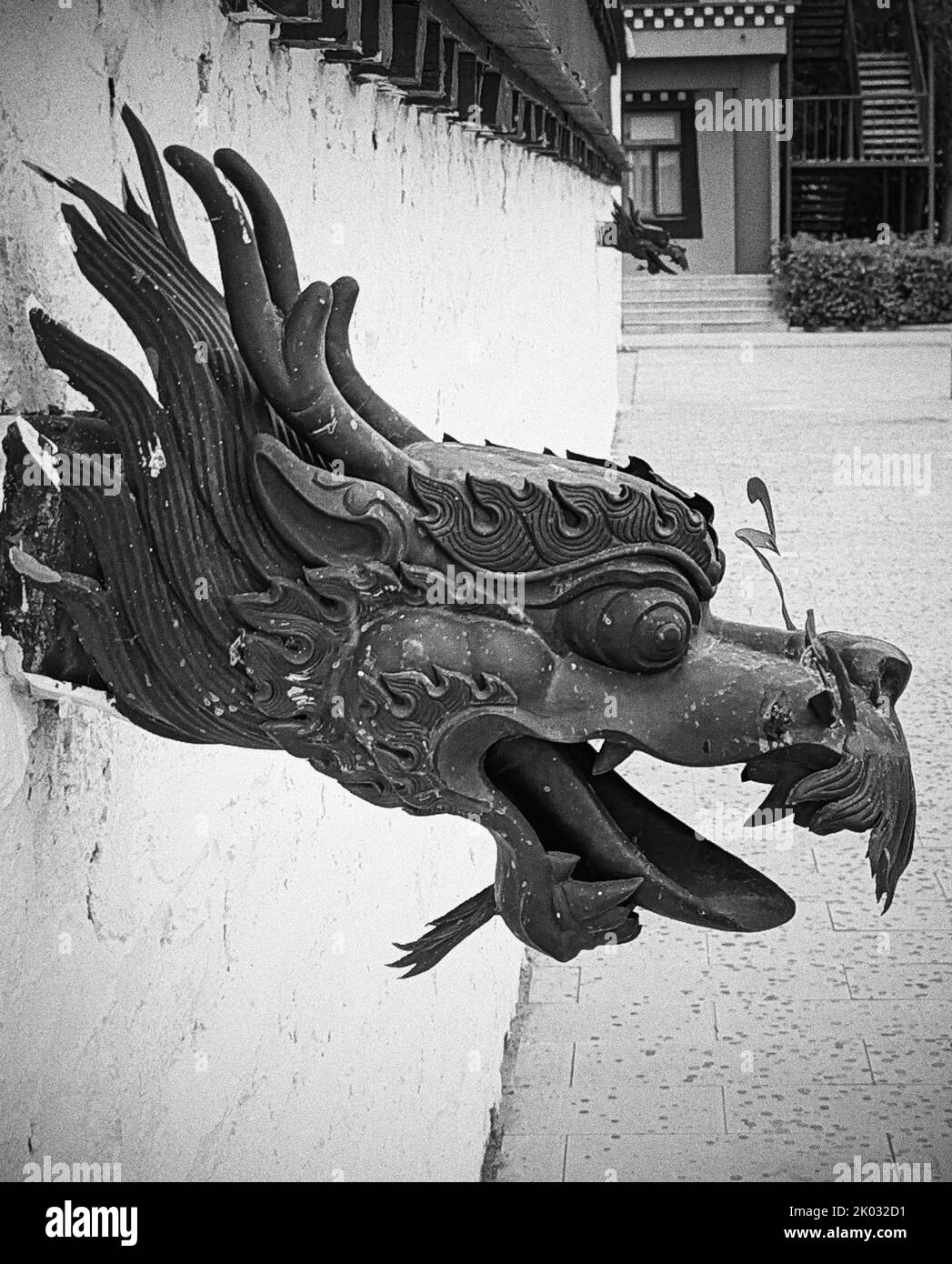 A vertical grayscale closeup of a traditional Chinese dragon as a wall ...