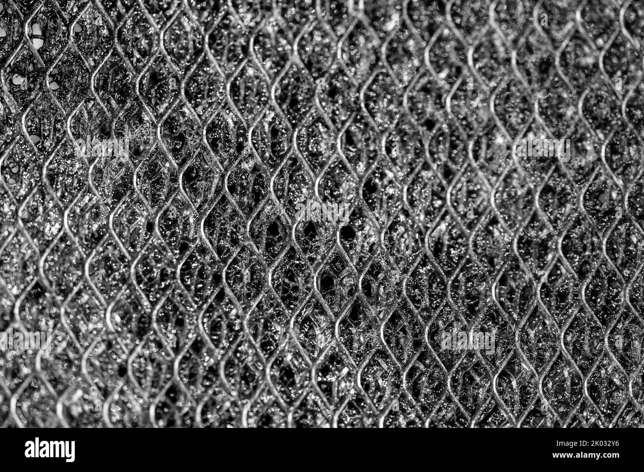 Selective focus macro of a dirty kitchen range hood filter clogged with ...